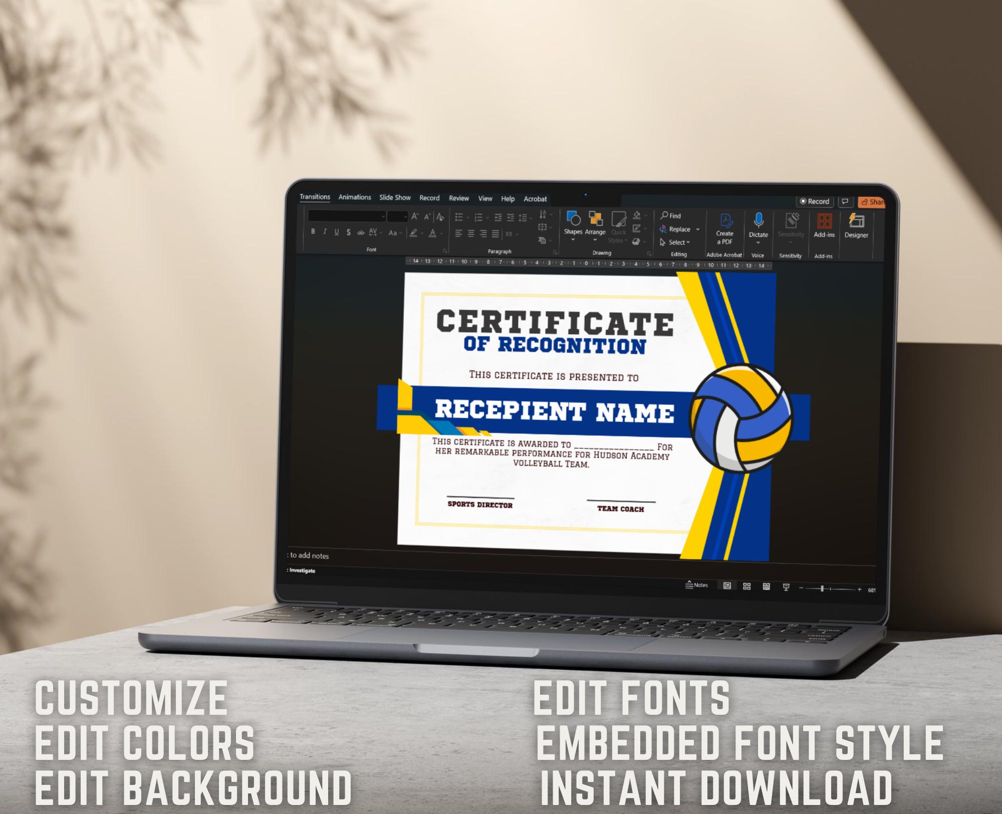 Editable Volleyball Certificate Template, Sports Certificate, Women's ...