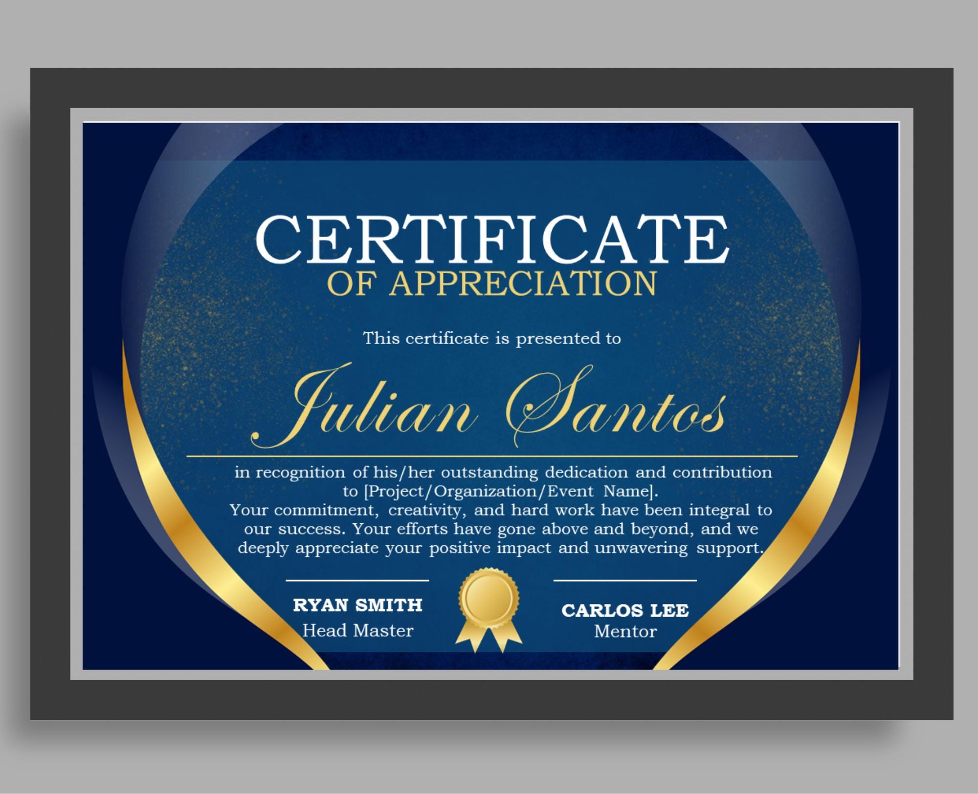 Editable Certificate of Appreciation, Blue and Gold, Event Recognition ...
