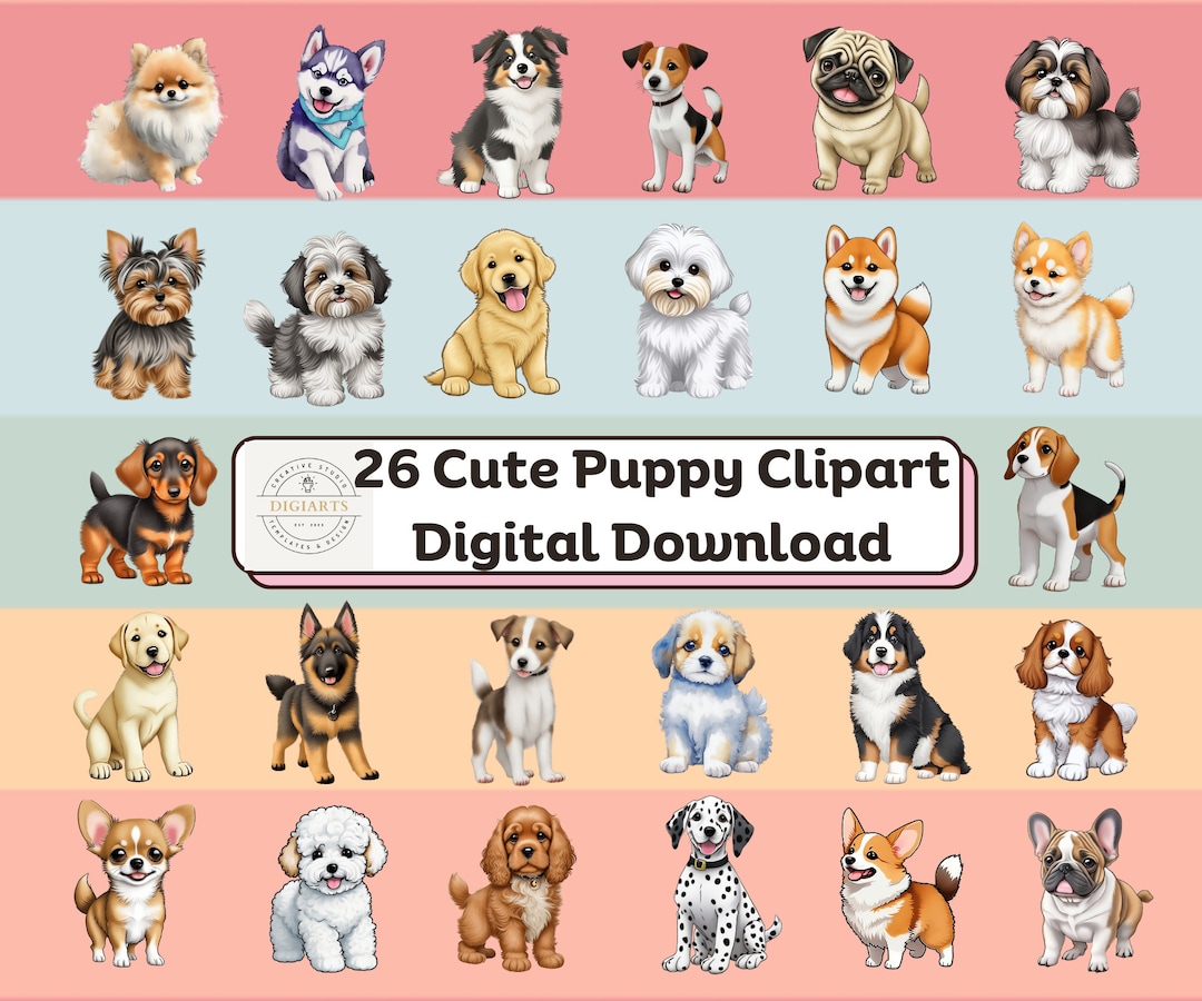 Cute Puppy Clipart Set PNG Dog Breeds Clipart Bundle PNG for Commercial ...