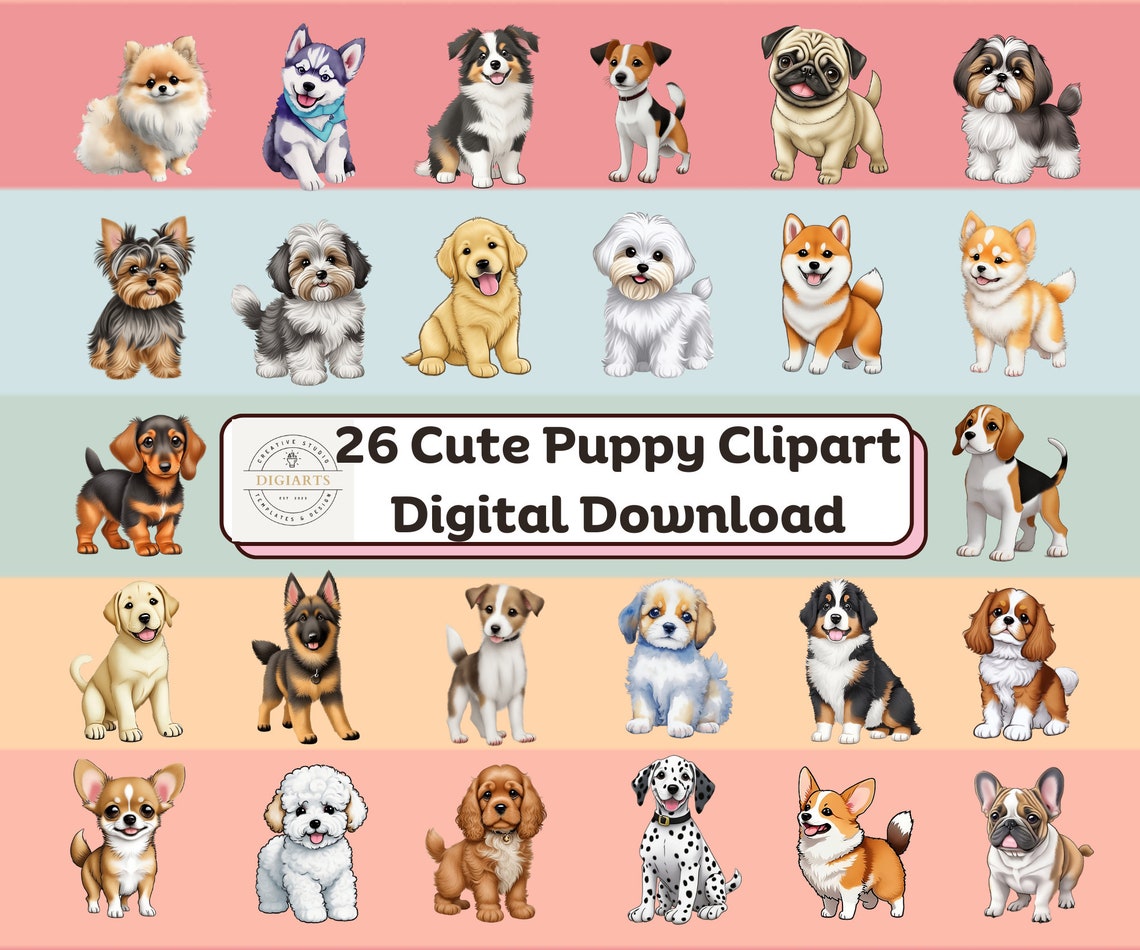 Cute Puppy Clipart Set PNG Dog Breeds Clipart Bundle PNG for Commercial ...