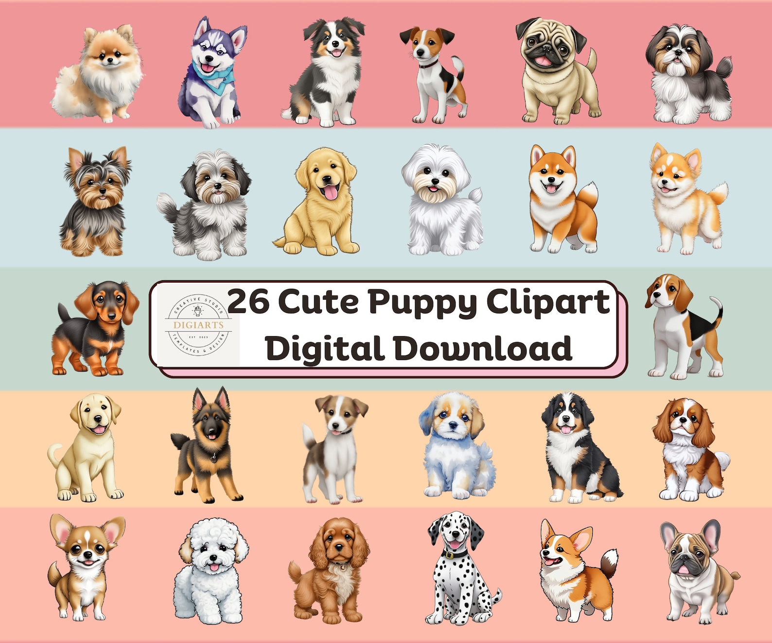 Cute Puppy Clipart Set PNG Dog Breeds Clipart Bundle PNG for Commercial ...