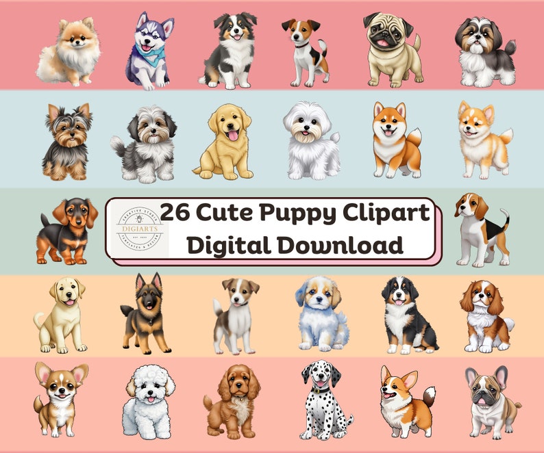 Cute Puppy Clipart Set PNG Dog Breeds Clipart Bundle PNG for Commercial ...