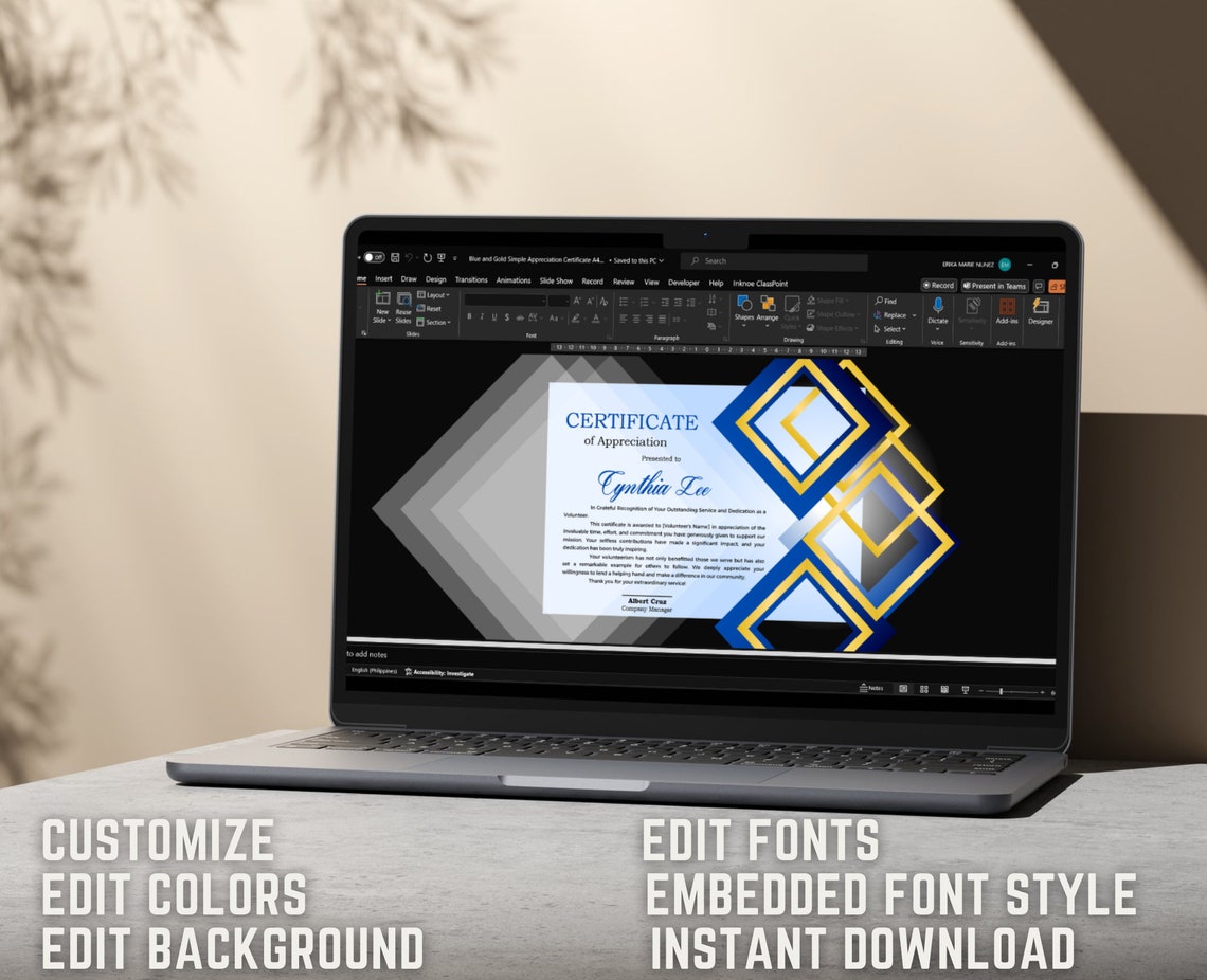 Editable Certificate of Appreciation Template (PPTX) - Etsy