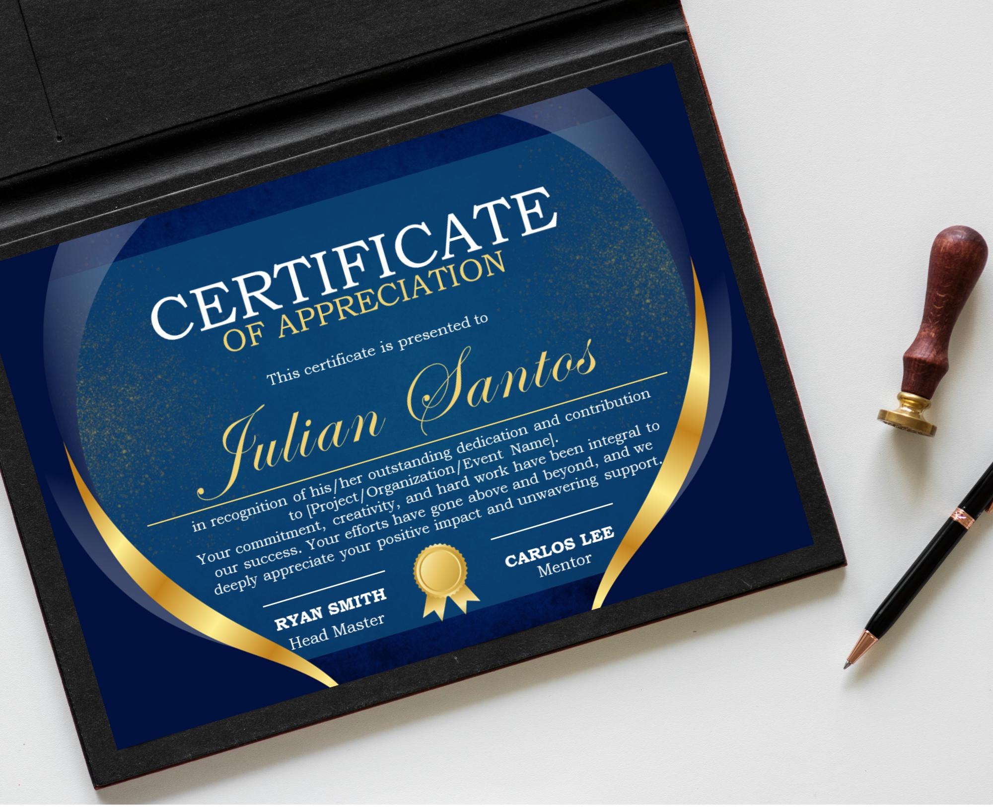 Editable Certificate of Appreciation, Blue and Gold, Event Recognition ...
