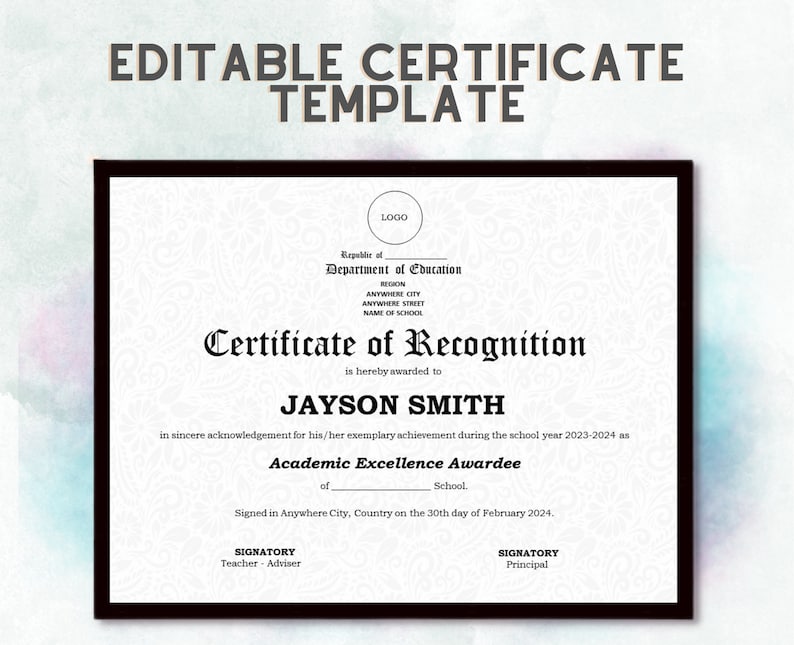 Editable Certificate of Recognition, Minimalist, Formal, With Honors ...
