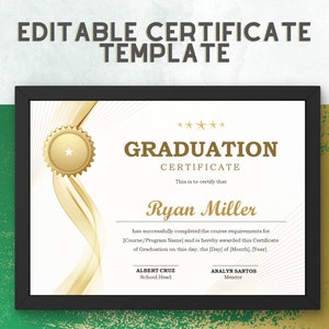 Editable Certificate of Graduation, School Recognition, Achievement ...