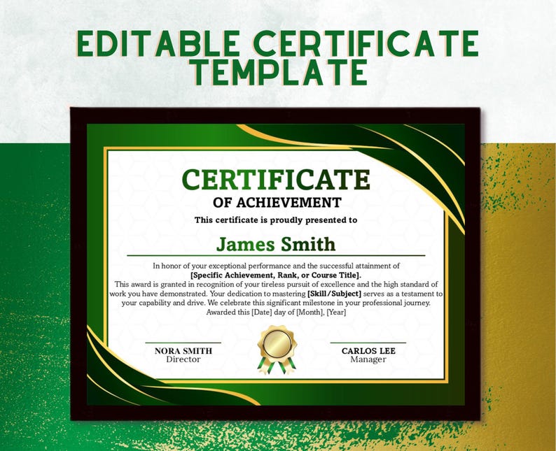 Editable Certificate of Achievement, Green and Gold, Corporate ...