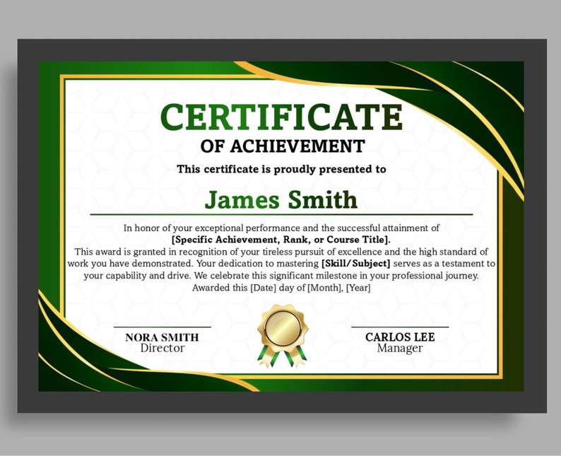 Editable Certificate of Achievement, Green and Gold, Corporate ...