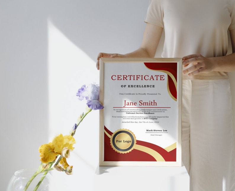 Editable Certificate of Excellence, Achievement, Recognition, Portrait ...