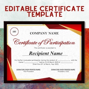 Editable Certificate of Participation Template, Certificate of ...