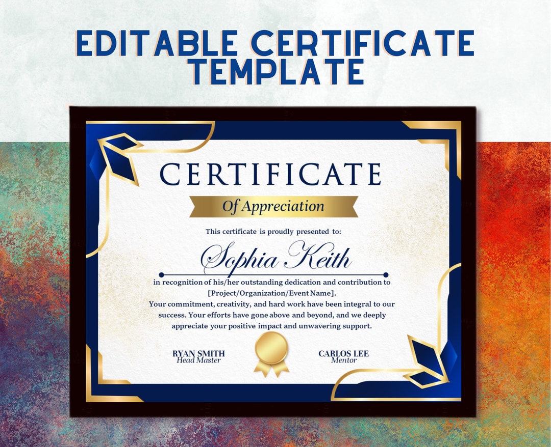 Editable Certificate of Appreciation, Blue and Gold, Event Recognition ...