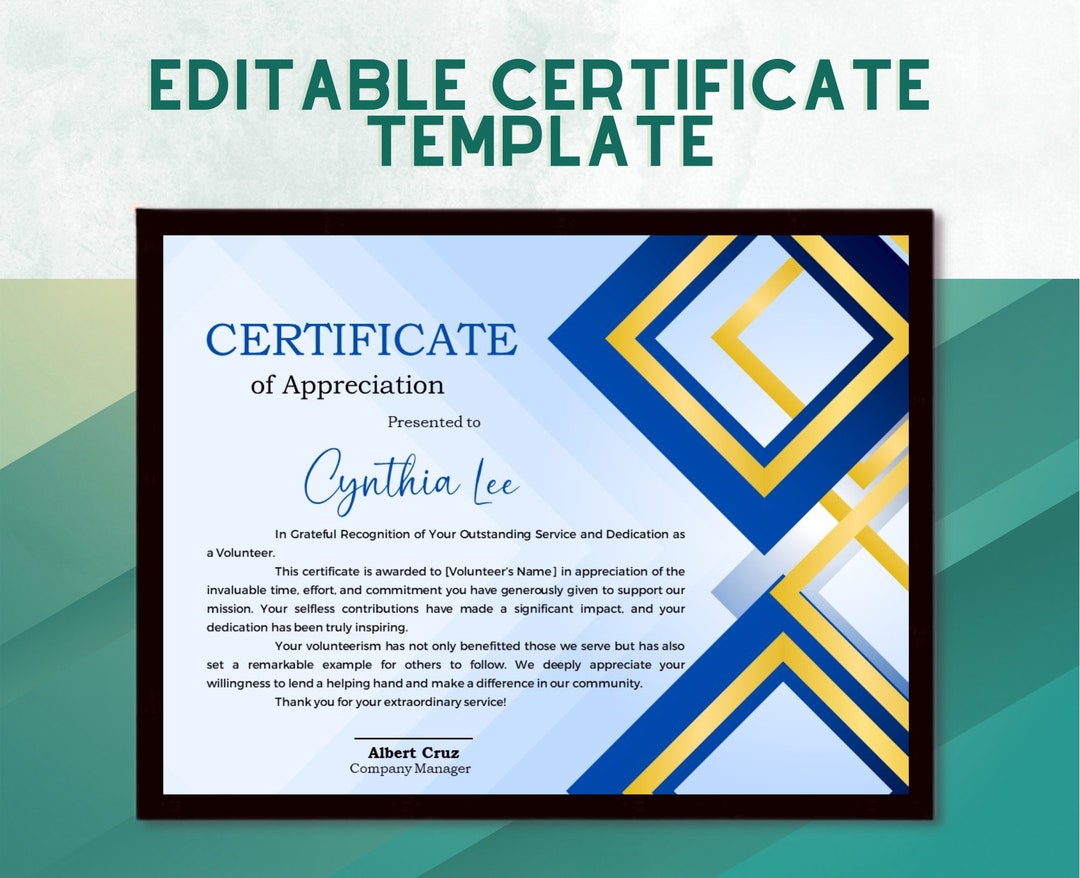 Editable Certificate of Appreciation Template (PPTX) - Etsy