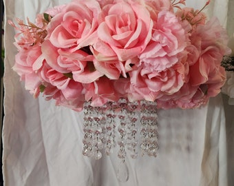 SALE Pink Ceramic Rose Chandelier, 4 Lights Maria Theresa Crystal ...