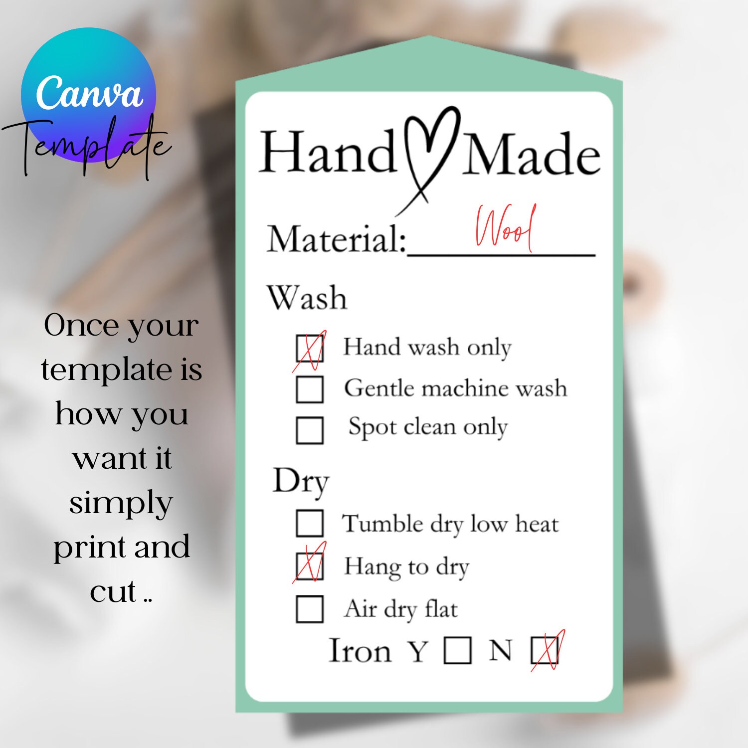 Washing Care Printable Tags Template Laundry Labels Handmade Crochet ...