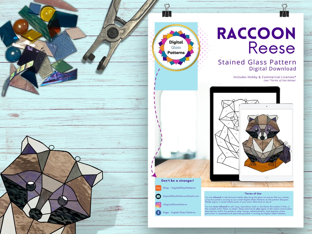 Raccoon Digital Stained Glass Pattern Download - Suncatcher - Printable ...
