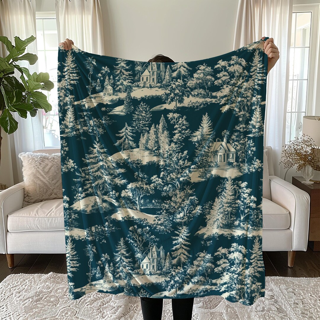 Christmas Toile Blanket, Toile De Jouy Holiday Home Decor, Cozy Winter ...
