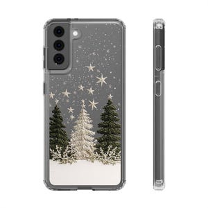 Clear Phone Case, Embroidered Look Winter Wonderland, Snowy Forest Pine ...