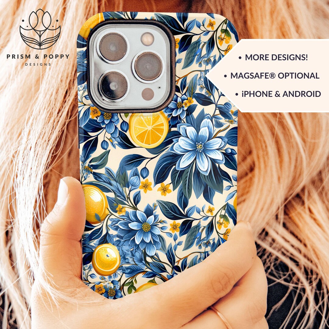 Lemons Phone Case, Italian Blue Yellow Summer Capri Toile Fruit Citrus ...