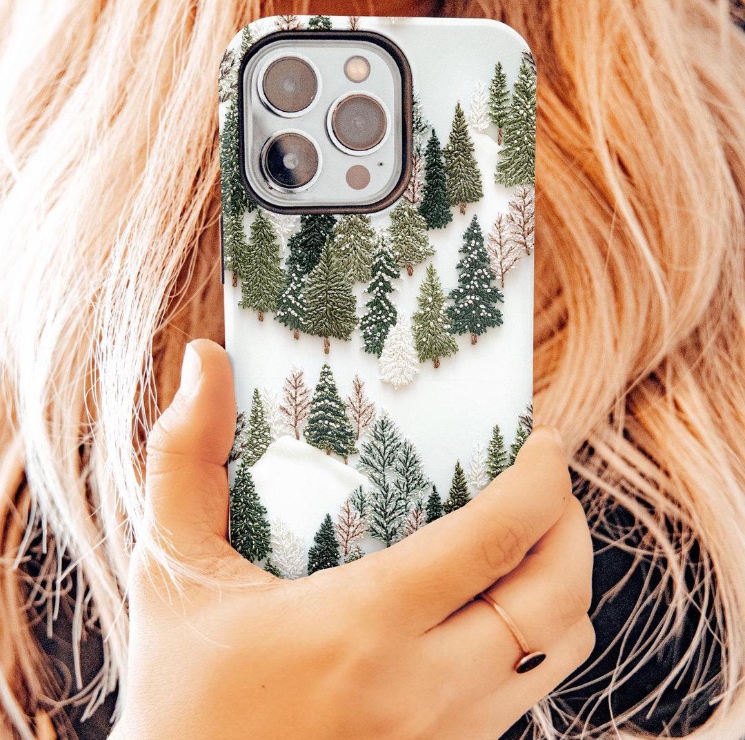 Snowy Forest Phone Case, Embroidered Neutral Boho Aesthetic Winter ...