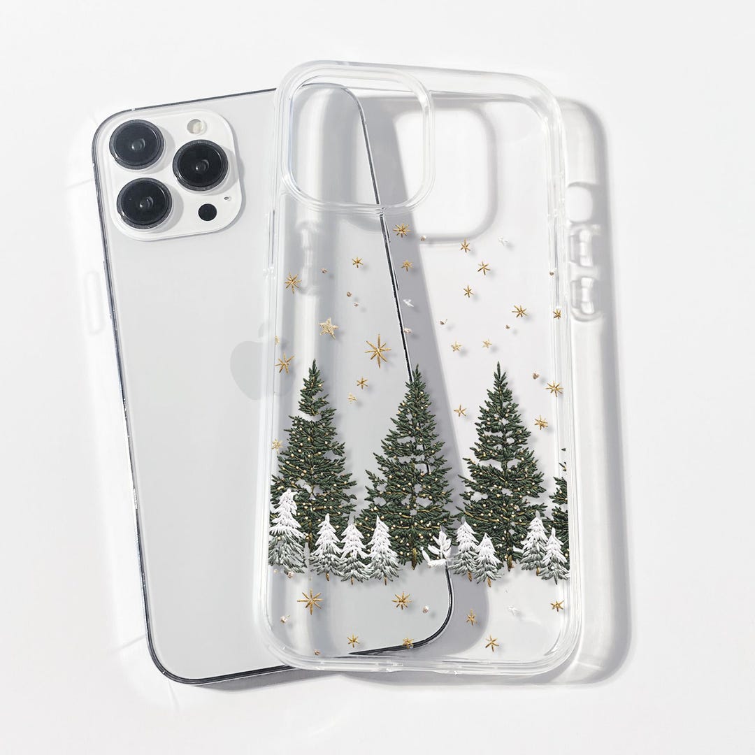 Clear Embroidered Look Winter Forest Phone Case, Snowy Boho Minimalist ...