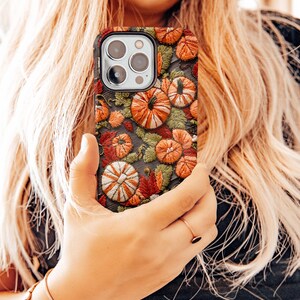 Embroidered Pumpkins Fall Phone Case, Boho Neutral Fall Leaves, Magsafe ...
