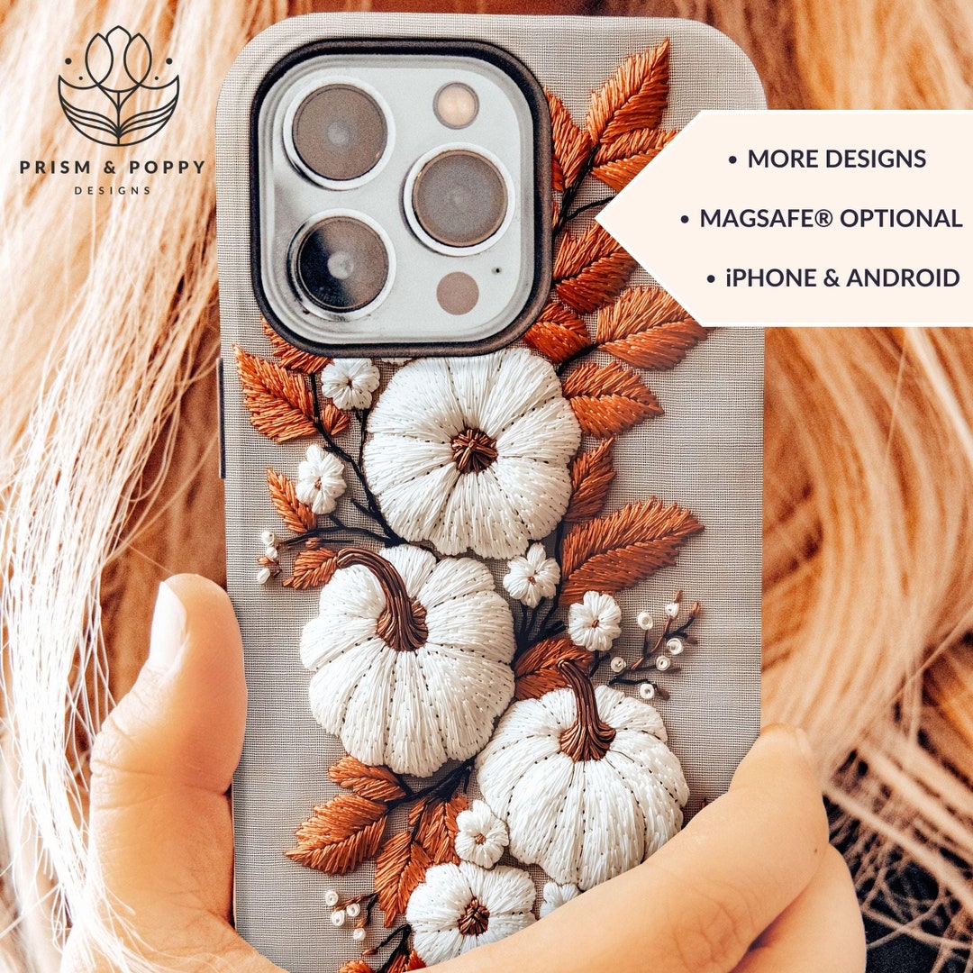 Fall Phone Case, Embroidered Pumpkins, Boho Neutral Fall Leaves Design ...