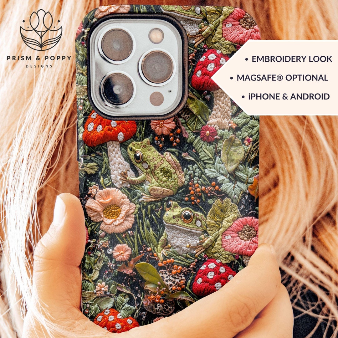 Cute Embroidered Cottagecore Phone Case With Frogs and Toadstools ...