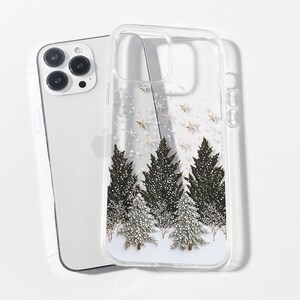 Clear Phone Case, Embroidered Look Winter Wonderland, Snowy Forest Pine ...