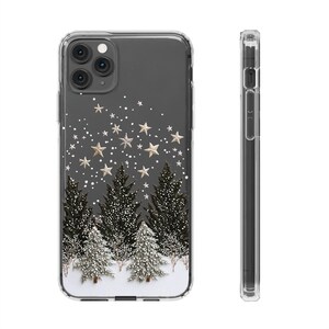 Clear Phone Case, Embroidered Look Winter Wonderland, Snowy Forest Pine ...