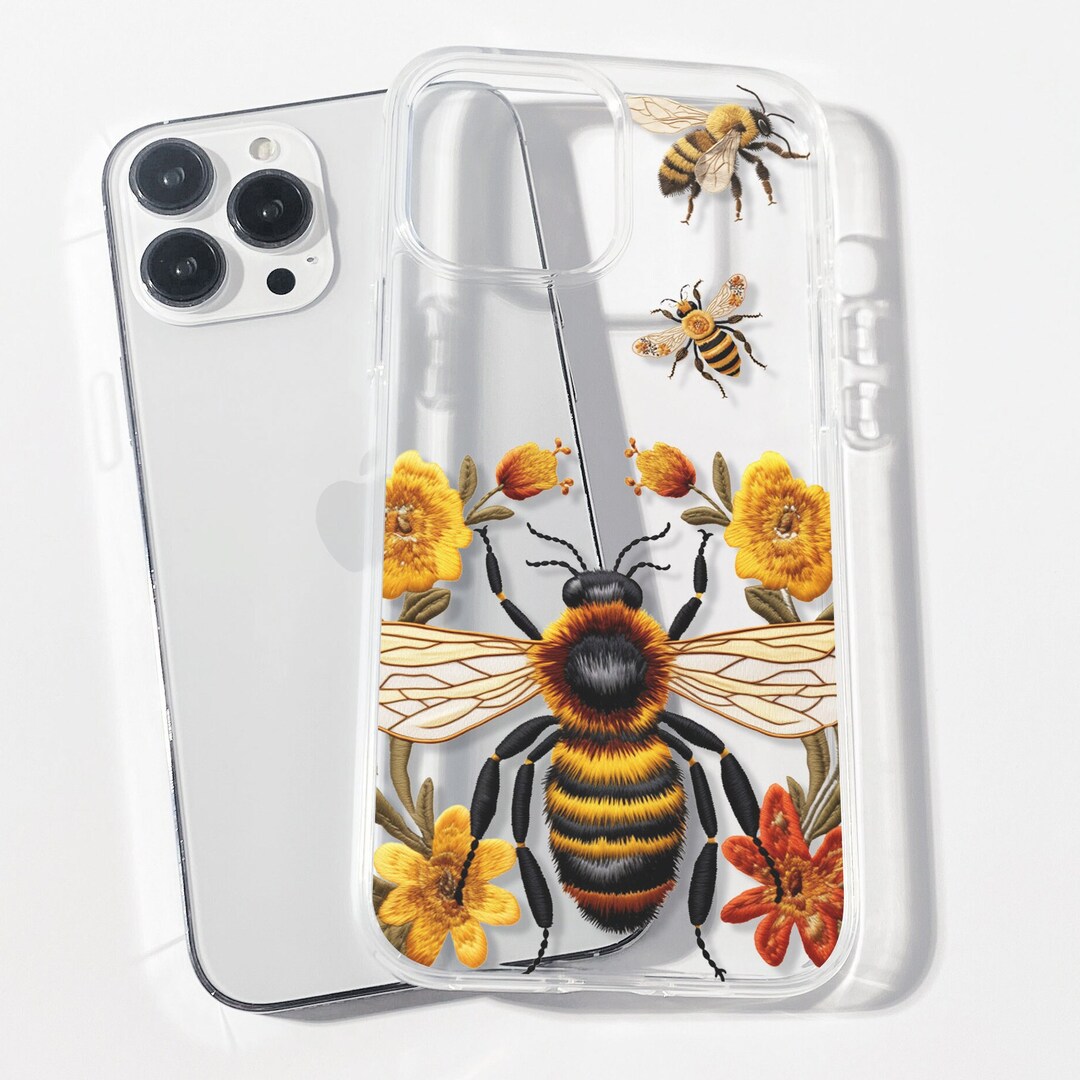 Bee Clear Phone Case, Honeybee Embroidered Embroidery, Gift for Bee ...