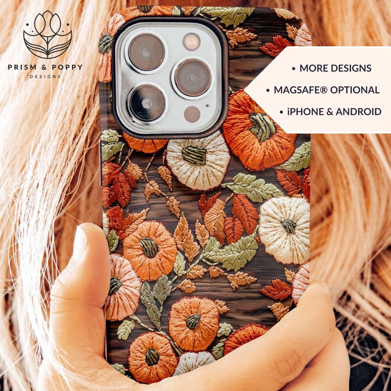 Embroidered Pumpkins Fall Phone Case, Boho Neutral Fall Leaves, Magsafe ...