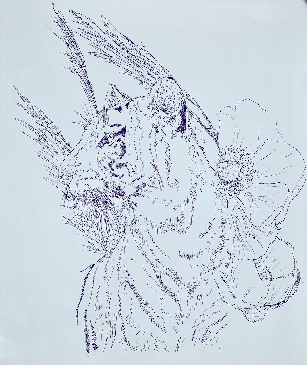 Printable Tiger Illustration, Tiger Tattoo PNG, Tiger and Flowers ...