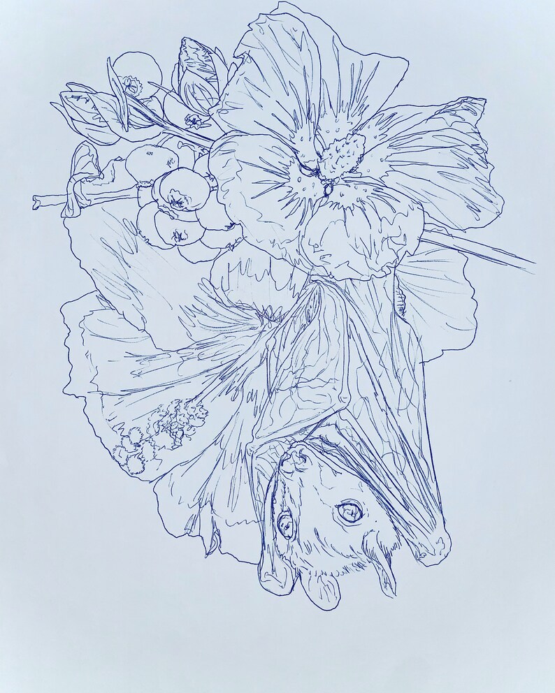Printable Bat Illustration, Bat Tattoo PNG, Bat and Flowers Drawing ...