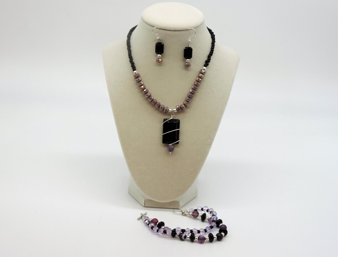 Purple Onyx Beaded Jewelry Set, Wire Wrapped Pendant Necklace - Etsy