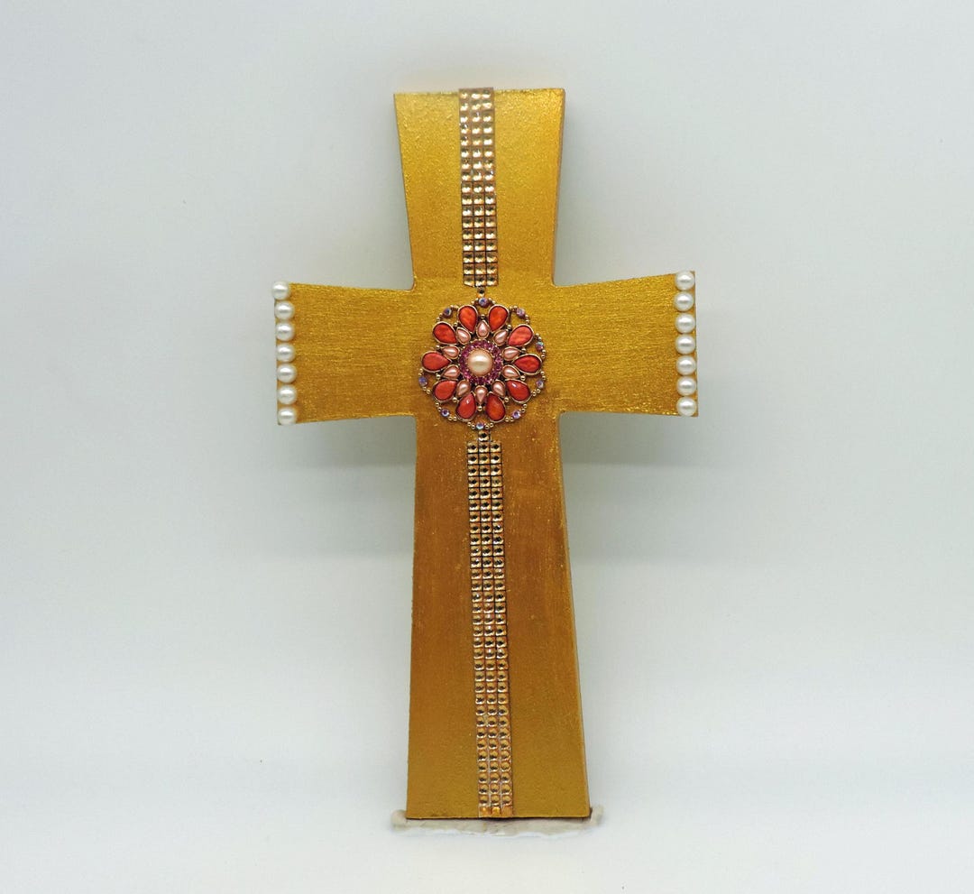 Gold Wooden Cross With Coral Colored Beaded Brooch 7” X 11” Tall. - Etsy