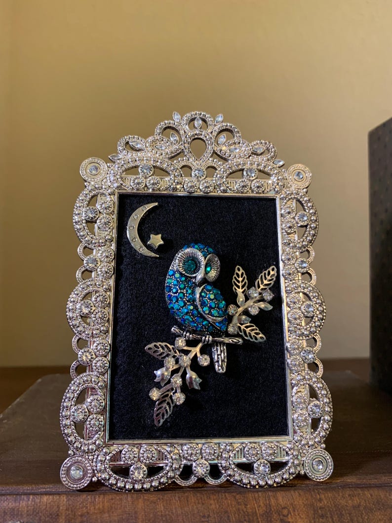 Handmade Mini Jeweled Owl Framed Picture. Perfect for Bookshelf or ...