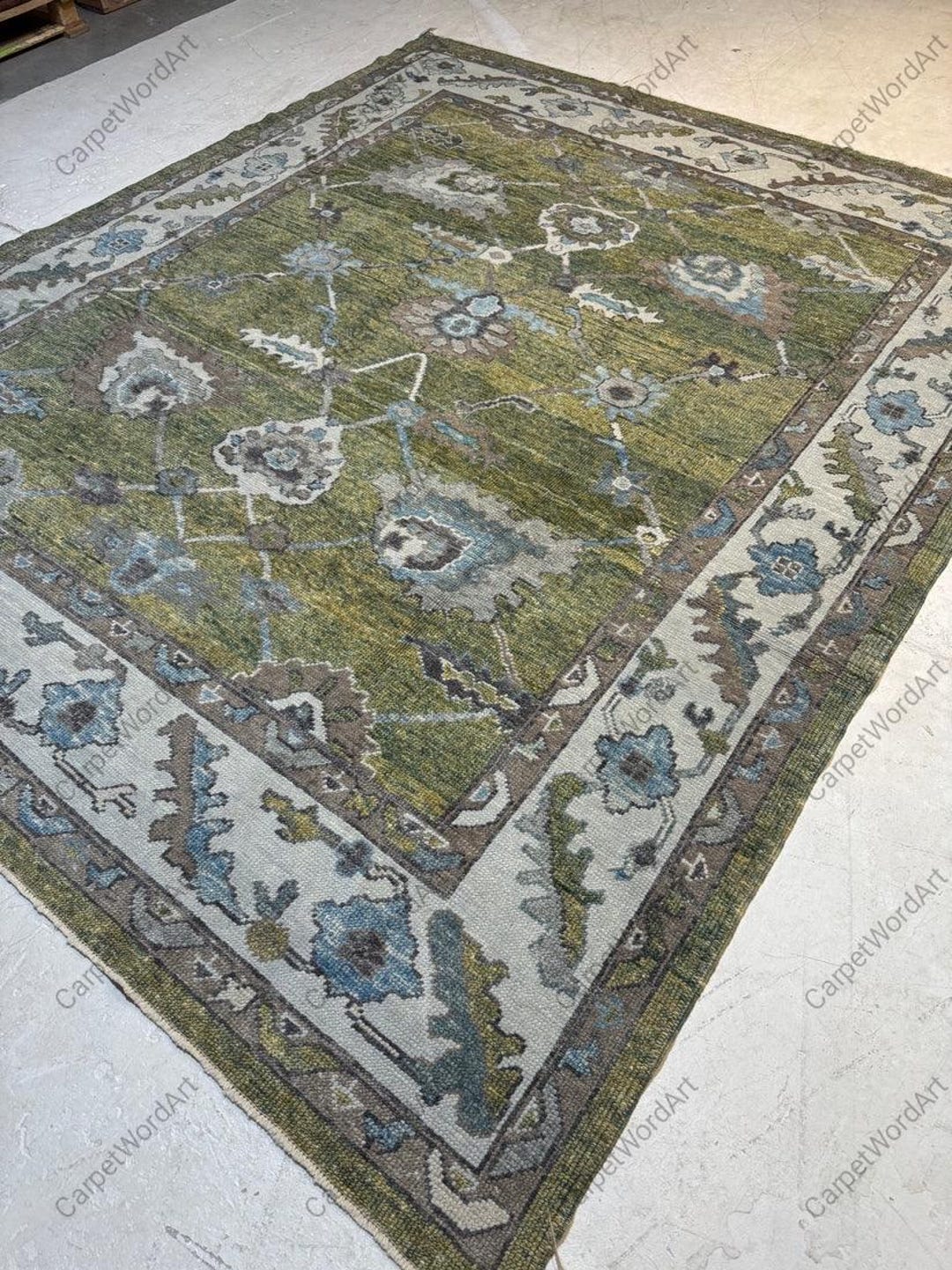 Large Green and Ivory Turkish Knot Area Rug Hallway, Living Room ...