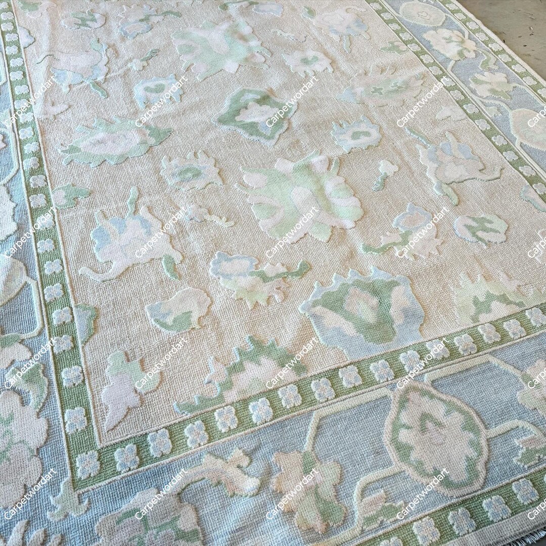 Oushak Rug Cream and Green Oushak Angora Traditional Rugs Turkish ...
