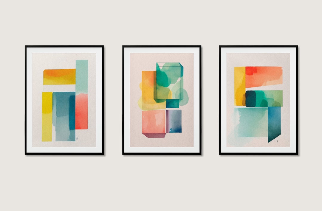 Modern Abstract Watercolor Color Block Set of 3 Digital Prints ...