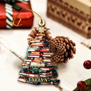 Personalized Christmas Book Tree Name Ornament, Custom Bookish Ornament ...