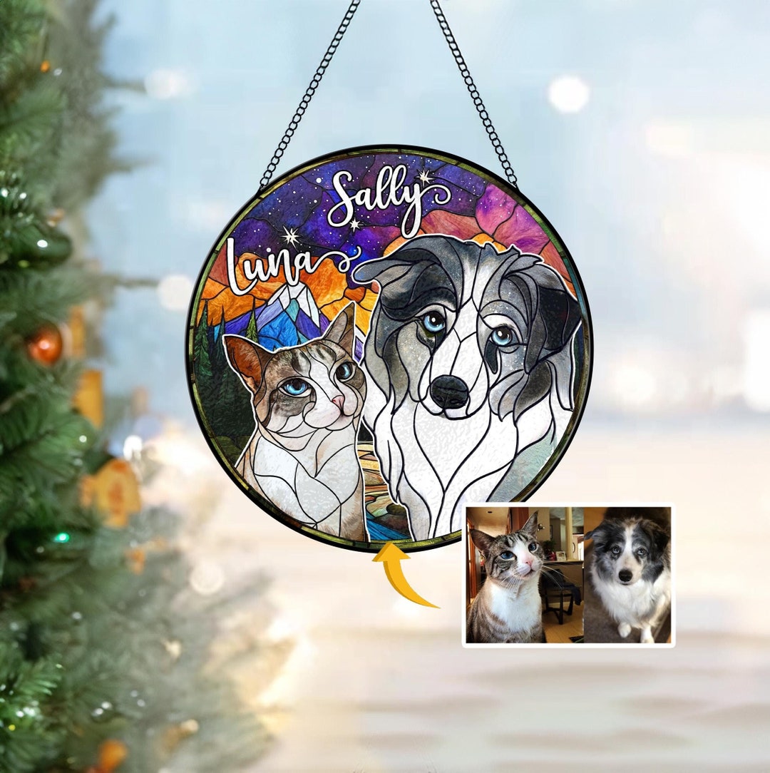 Custom Pets Portrait Glass Suncatcher, Custom Dog Portrait From Photo ...