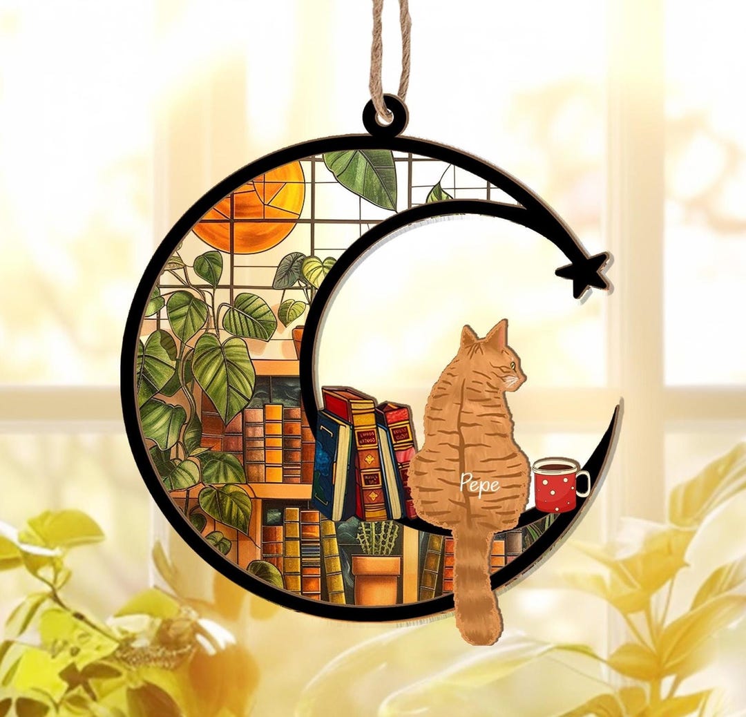 Personalized Cat Book Suncatcher, Custom Reading Cat Suncatcher ...