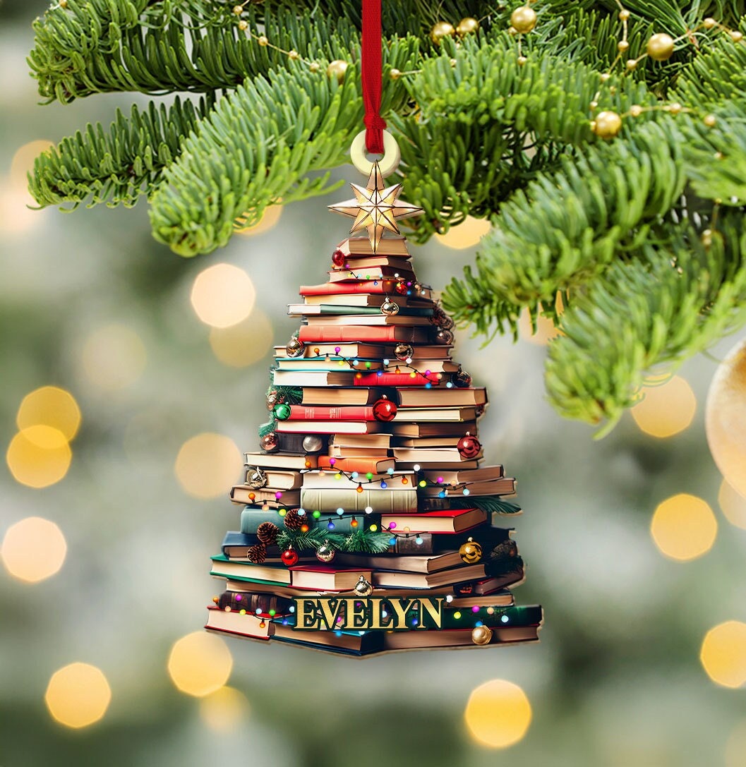 Personalized Christmas Book Tree Name Ornament, Custom Bookish Ornament ...