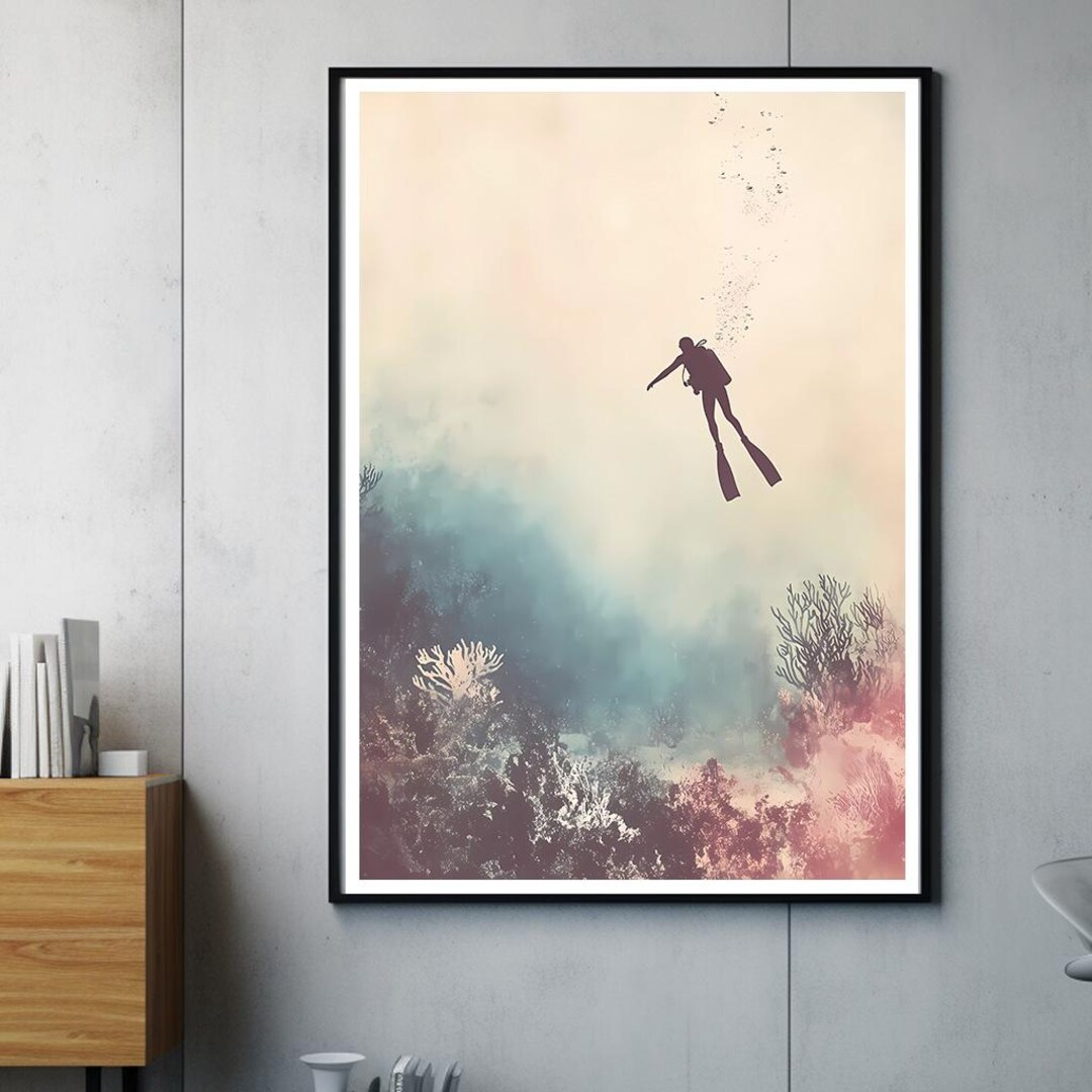 Diver Art Print | Vintage Diving Illustration | Modern Underwater Wall ...