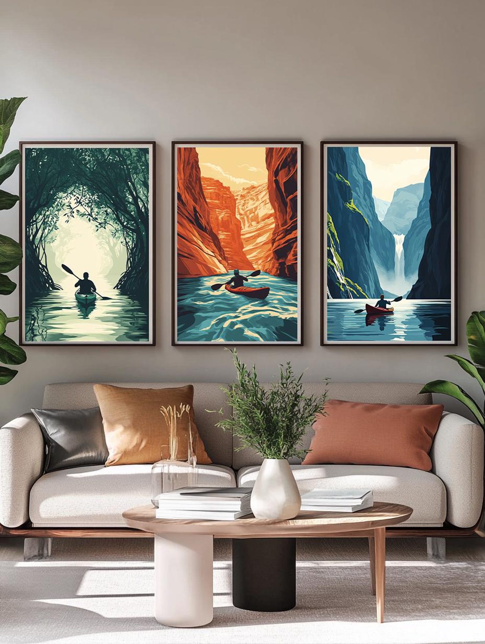 Scenic Kayaking Adventure - 3 Piece Wall Art Set | Kayak Poster Trio ...
