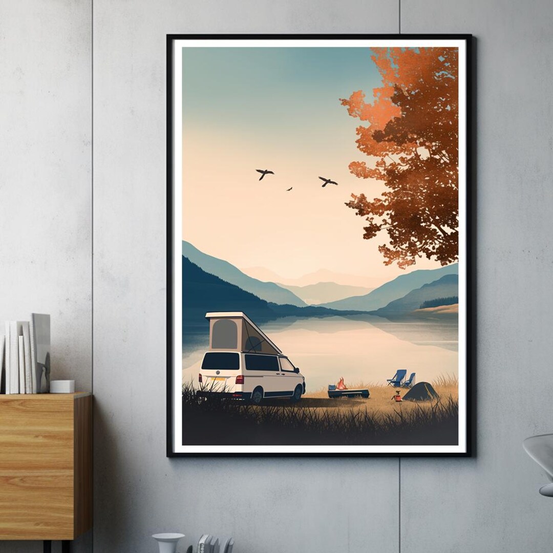 VW T5 Camper Van Poster - Vanlife at the Lake With Campfire | Camping ...