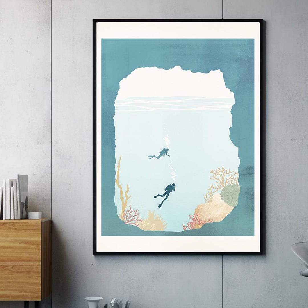 Diver Art Print | Minimalist Diving Wall Art | Underwater Adventure ...