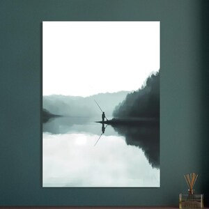 Minimalist Angler Art Print Misty Morning Fishing Scene Modern Nature ...