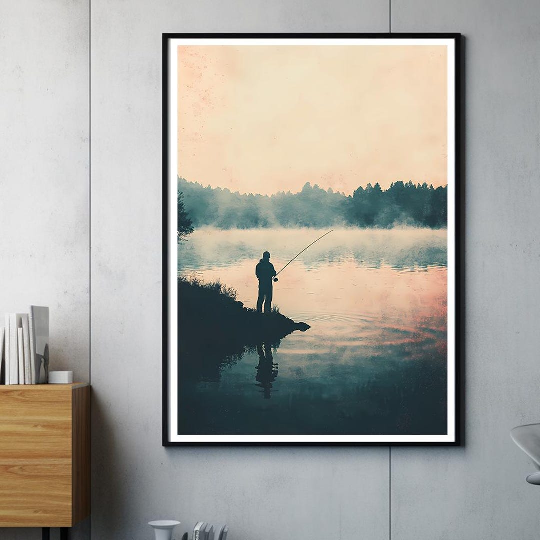 Vintage Angler Silhouette Art Print Fishing at Dawn Poster Tranquil ...
