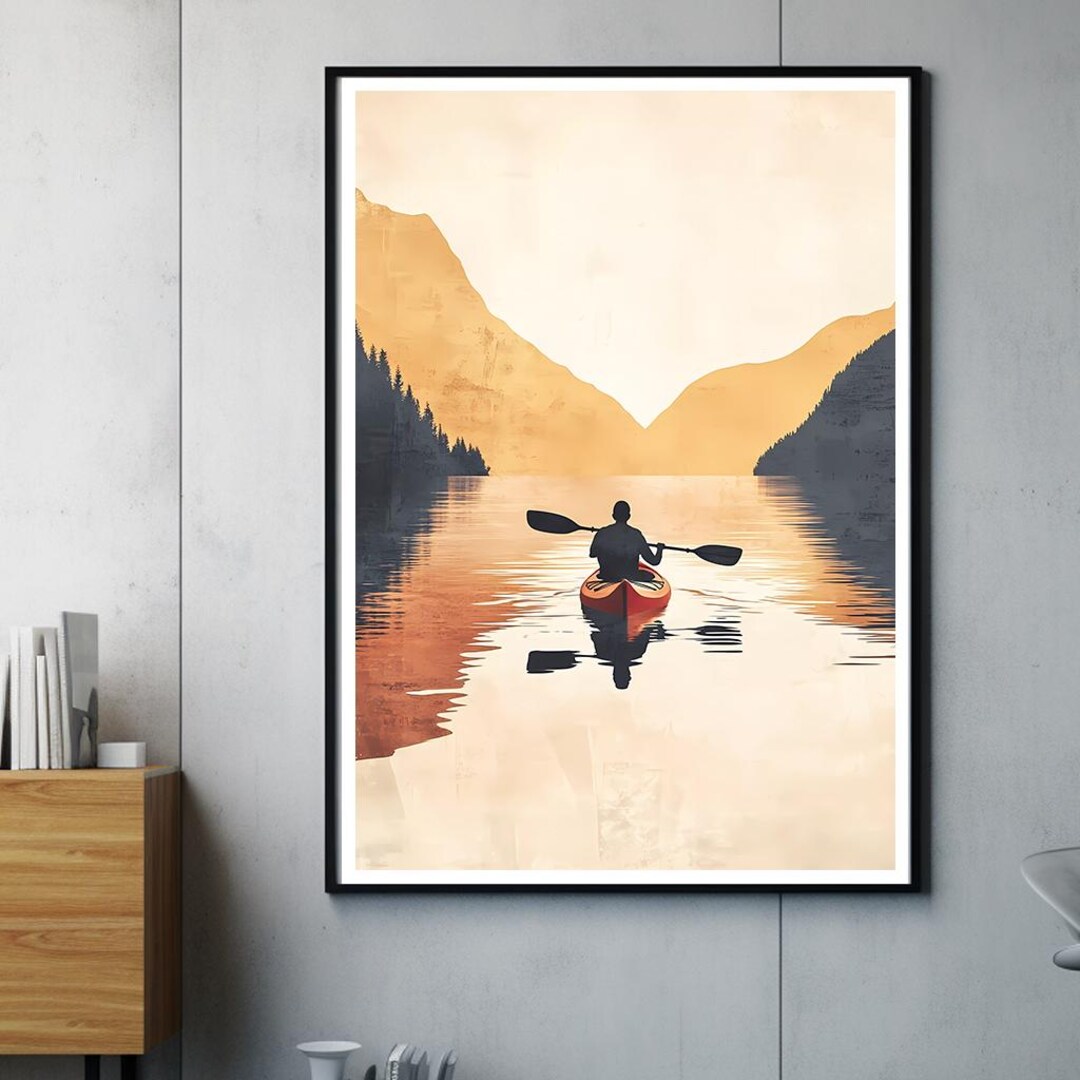 Sunset Canoe Wall Art | Minimalist Lake Adventure Poster | Calm Water ...